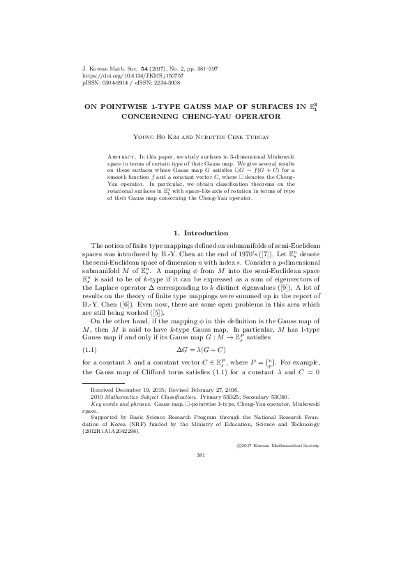 (PDF) On Pointwise 1-TYPE Gauss Map of Surfaces in 31 Concerning Cheng-Yau Operator