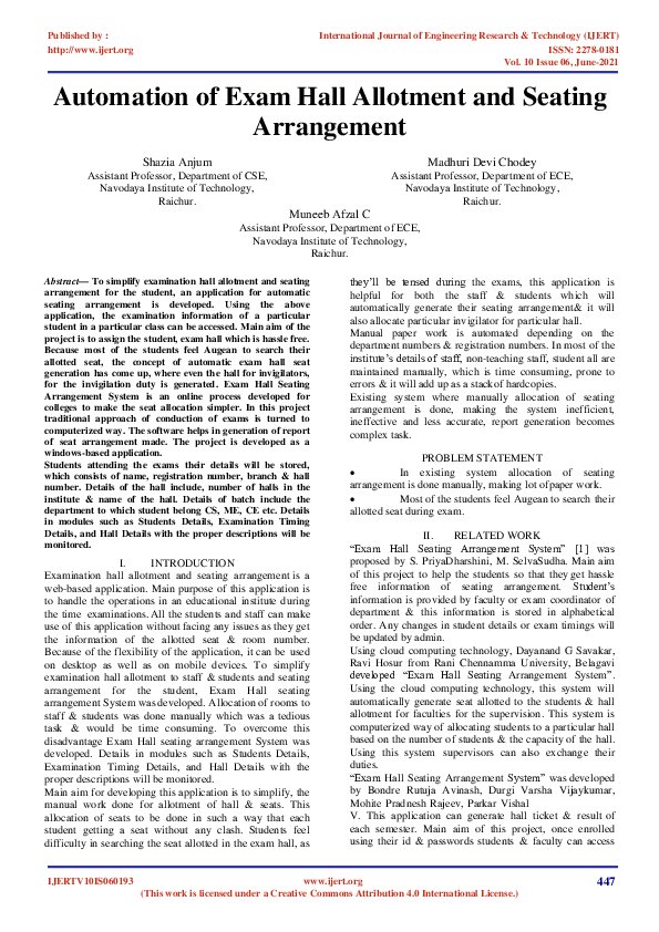 (PDF) Automation of Exam Hall Allotment and Seating Arrangement