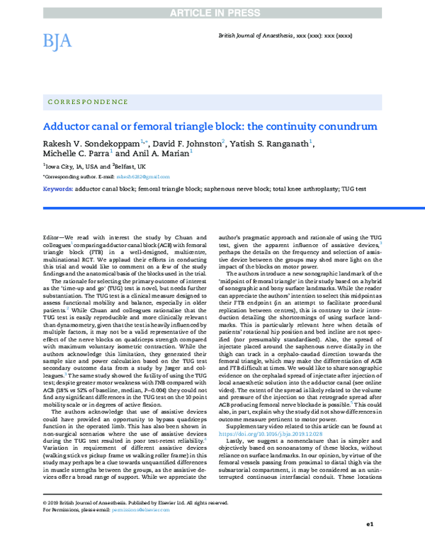 (PDF) Adductor canal or femoral triangle block: the continuity conundrum
