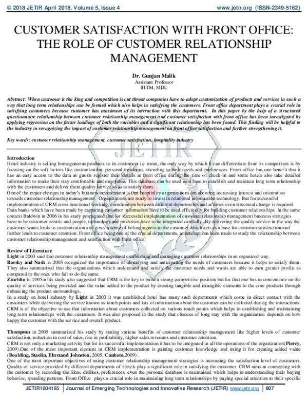 (PDF) Customer Satisfaction with Front Office: The role of customer ...