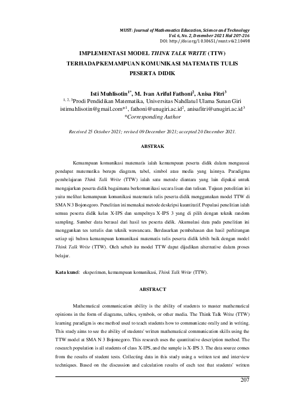 (PDF) Implementasi Model Think Talk Write (TTW) terhadap Kemampuan Komunikasi Matematis Tulis ...