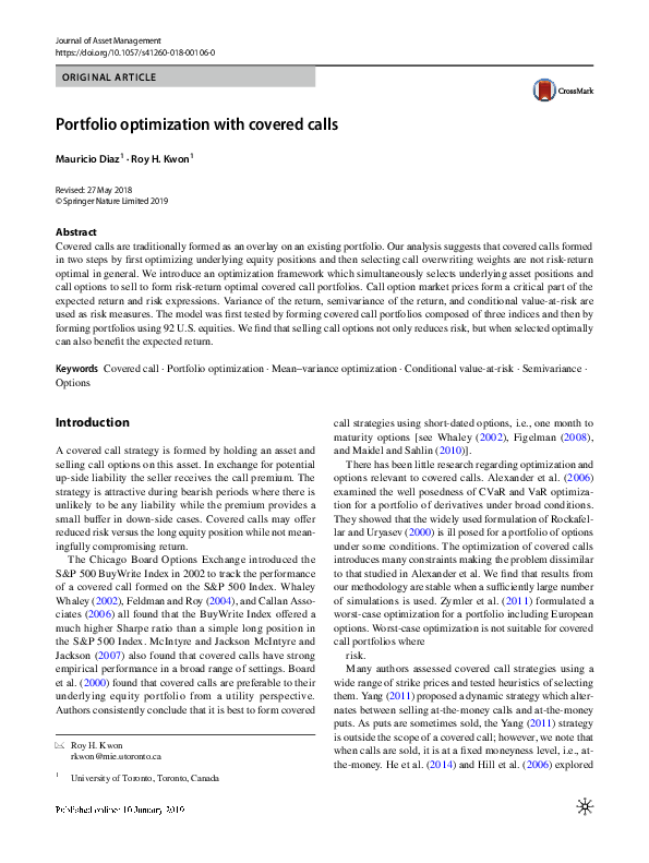 (PDF) Portfolio optimization with covered calls