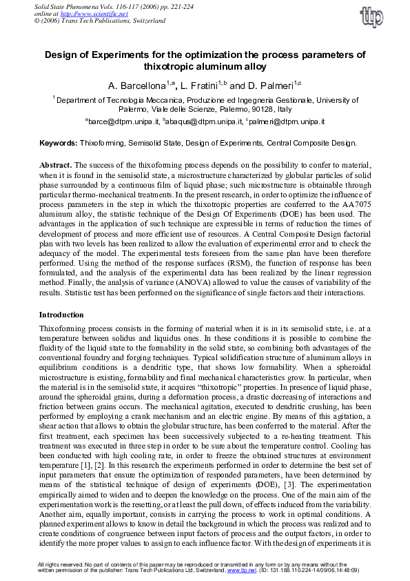 (PDF) Optimizing Thixotropic Aluminum Alloy via Design of Experiments