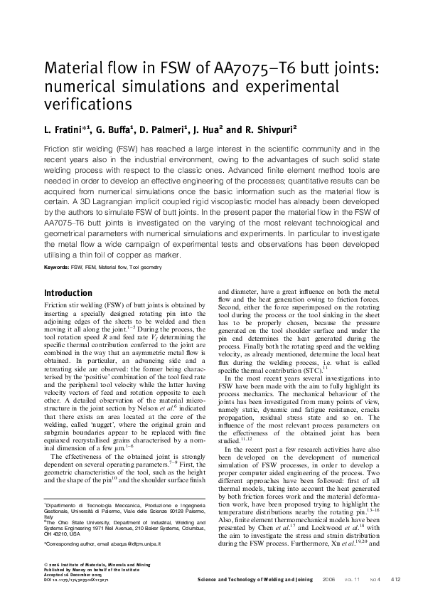 Pdf Material Flow In Fsw Of Aa7075 T6 Butt Joints Numerical Simulations And Experimental