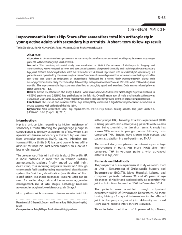 (PDF) Improvement in Harris Hip Score after cementless total hip ...