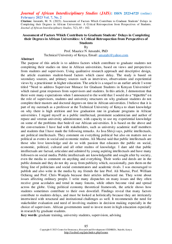 (PDF) Graduate Student Delays in African Universities