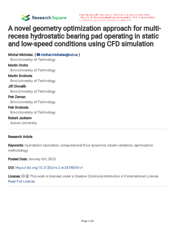 (PDF) A novel geometry optimization approach for multi-recess hydrostatic bearing pad operating ...