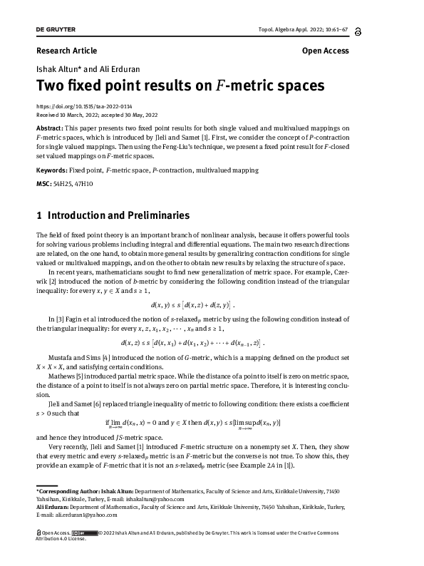 (PDF) Two fixed point results on F-metric spaces