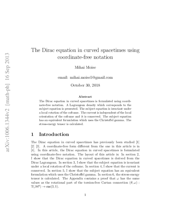 Pdf The Dirac Equation In Curved Spacetimes Using Coordinate Free