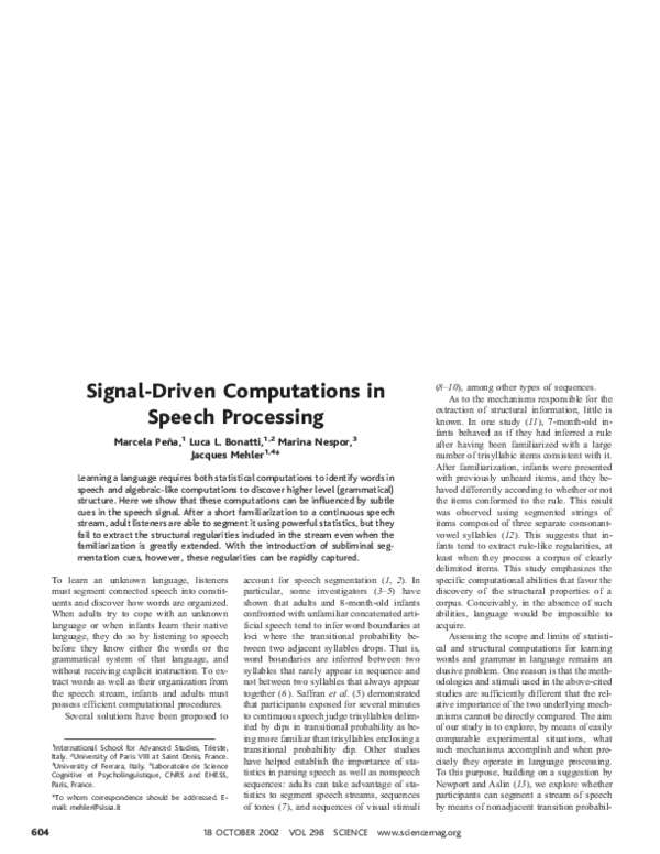 (PDF) Signal-Driven Computations in Speech Processing
