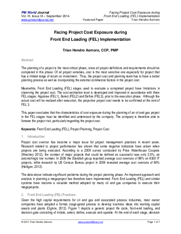(PDF) Facing Project Cost Exposure during Front End Loading (FEL ...