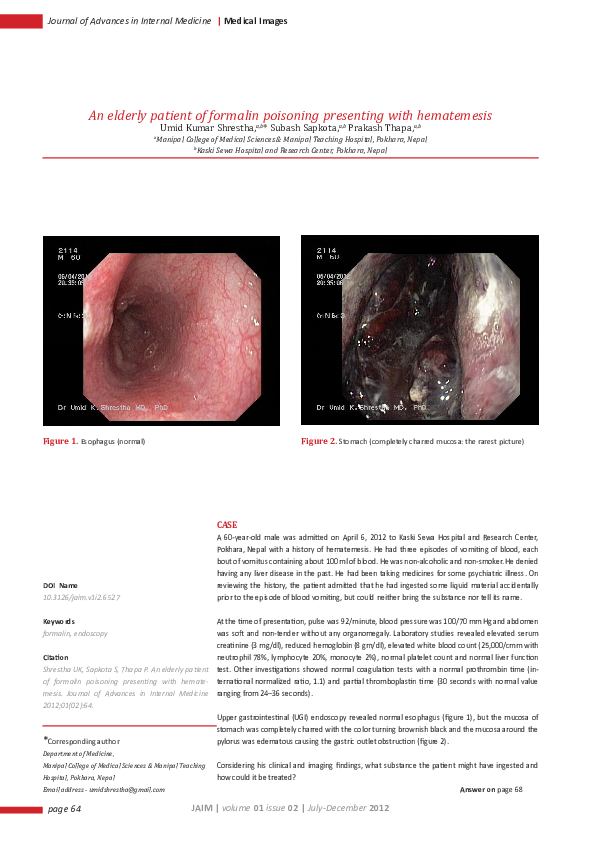 (PDF) An elderly patient of formalin poisoning presenting with hematemesis