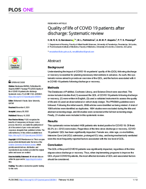(PDF) Quality of life of COVID 19 patients after discharge: Systematic ...