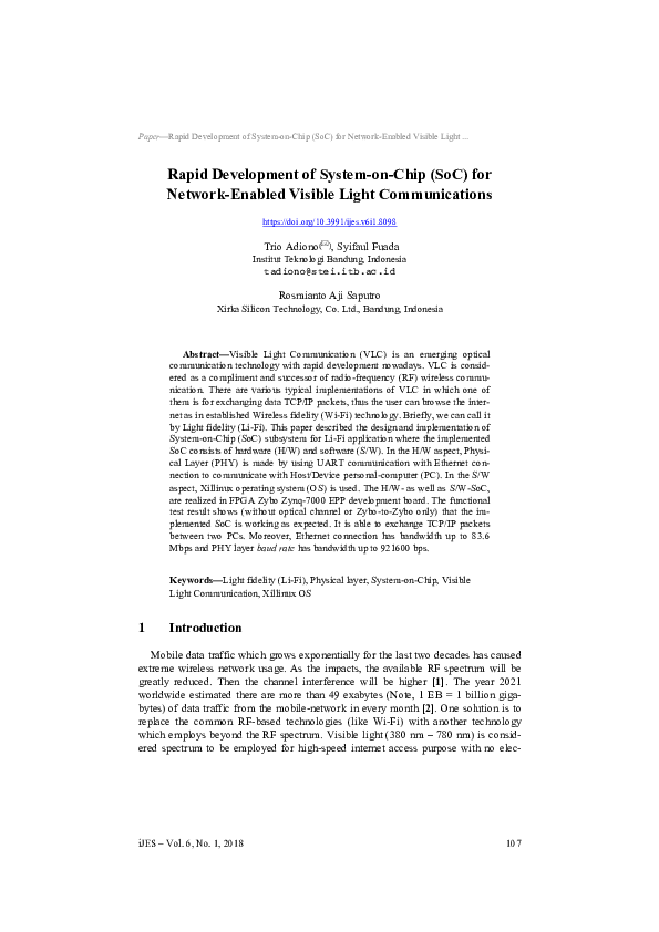 (PDF) Rapid Development of System-on-Chip (SoC) for Network-Enabled Visible Light Communications