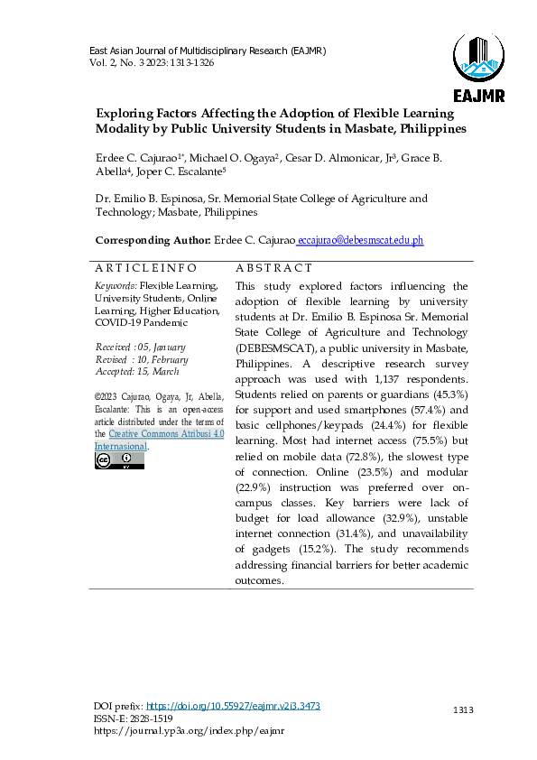 Pdf Exploring Factors Affecting The Adoption Of Flexible Learning Modality By Public