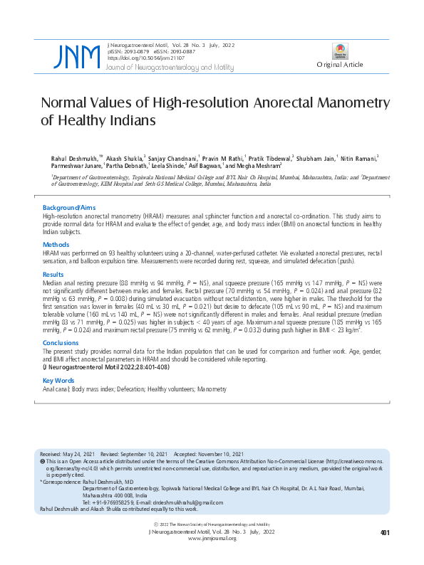 (PDF) Normal Values of High-resolution Anorectal Manometry of Healthy ...