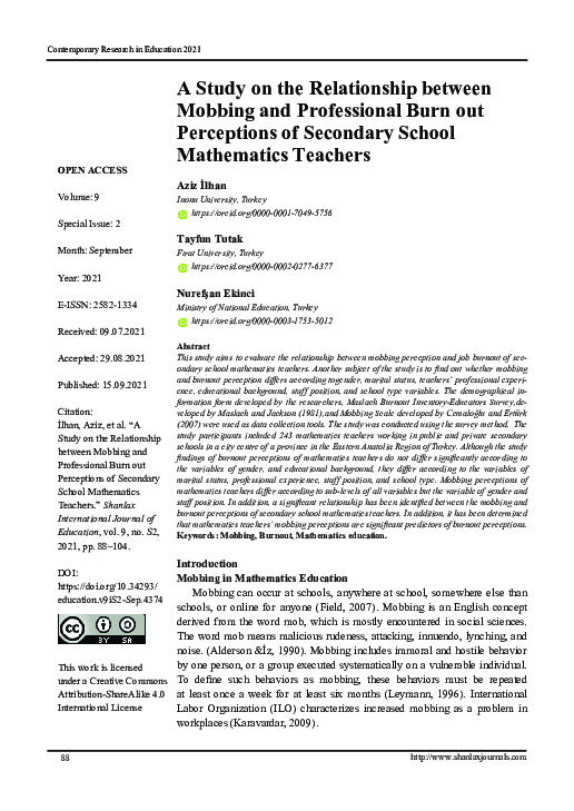 (PDF) A Study on the Relationship between Mobbing and Professional Burn out Perceptions of ...