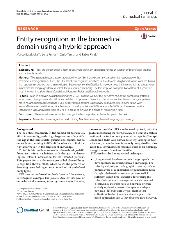 Pdf Entity Recognition In The Biomedical Domain Using A Hybrid Approach