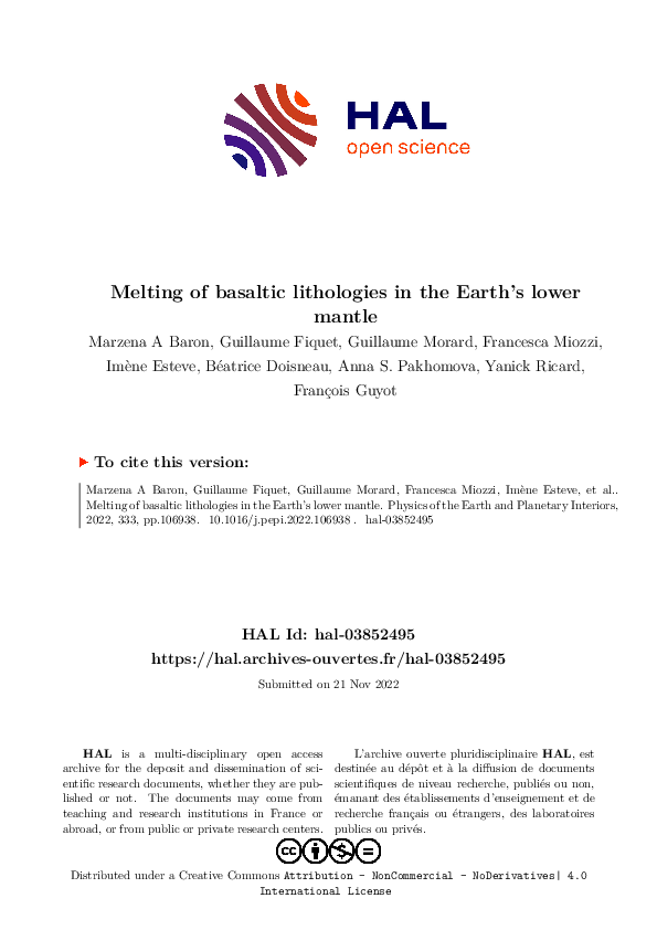 (PDF) Melting of basaltic lithologies in the Earth's lower mantle