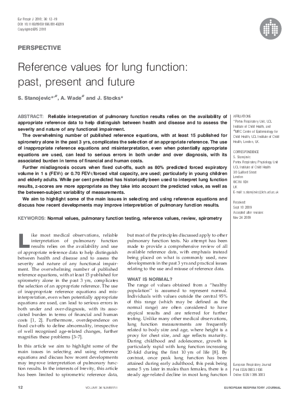 (PDF) Reference values for lung function: past, present and future