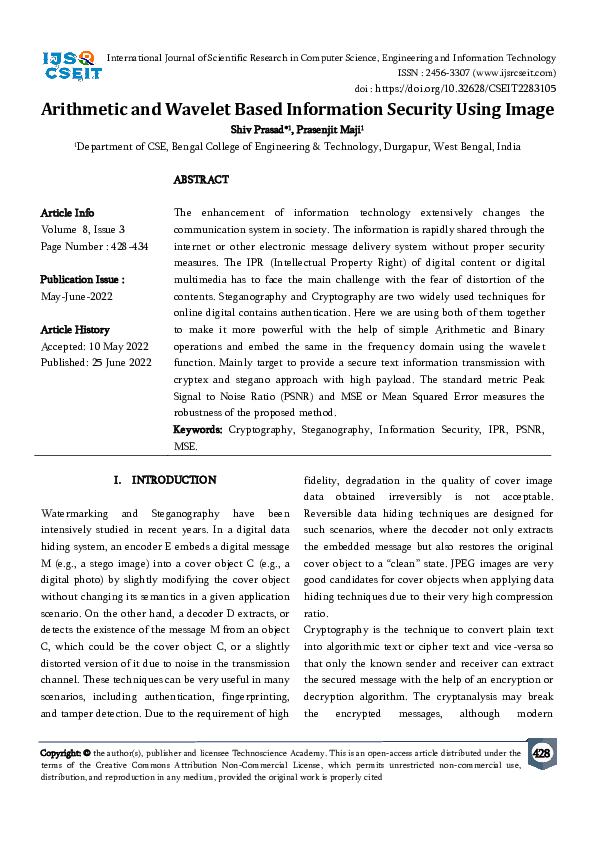 (PDF) Arithmetic and Wavelet Based Information Security Using Image