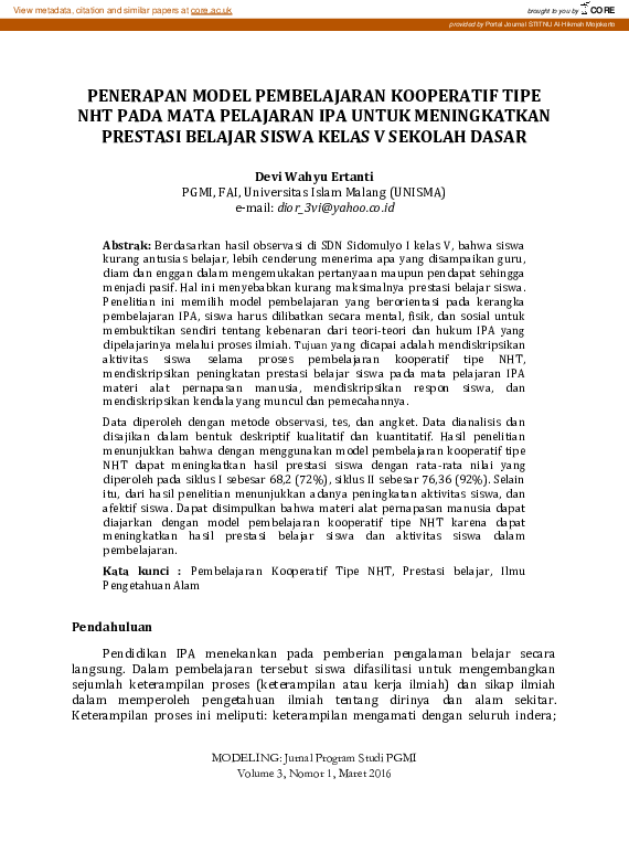 (PDF) Penerapan Model Pembelajaran Kooperatif Tipe NHT pada Mata Pelajaran IPA untuk ...