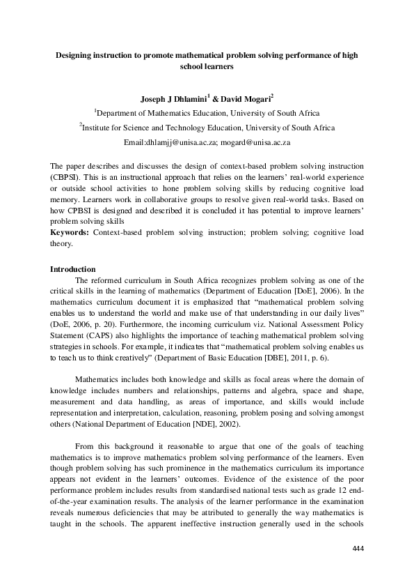(PDF) Designing instruction to promote mathematical problem solving performance of high school ...
