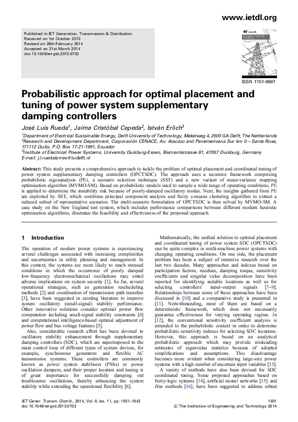 (PDF) Probabilistic approach for optimal placement and tuning of power system supplementary ...