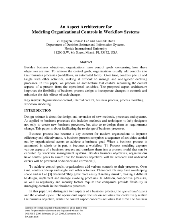 (PDF) An Aspect Architecture for Modeling Organizational Controls in Workflow Systems