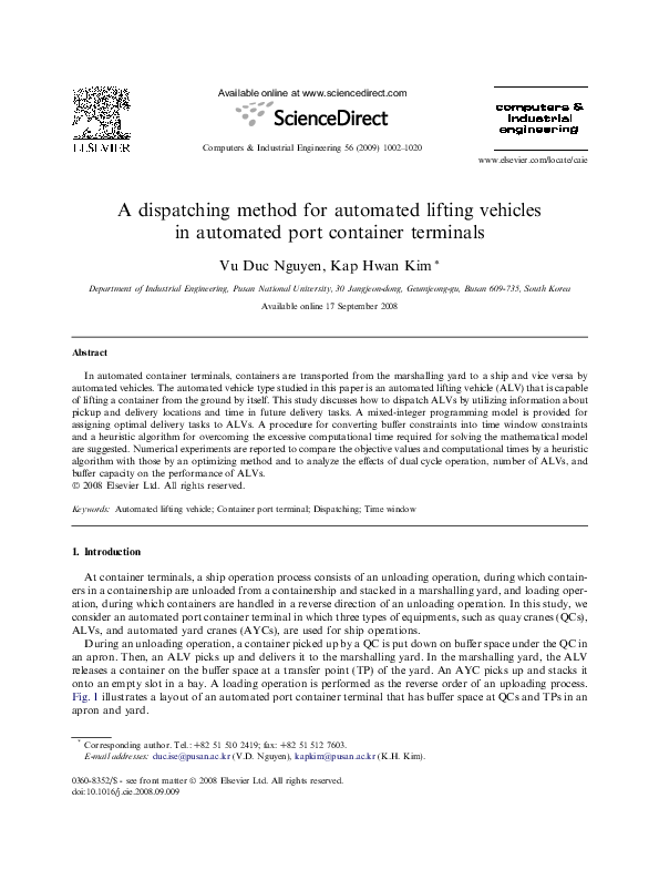 (PDF) A dispatching method for automated lifting vehicles in automated port container terminals