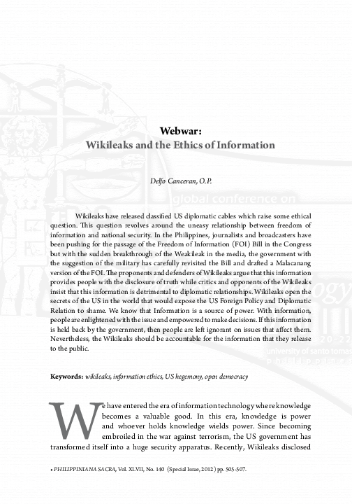 (PDF) Webwar: Wikileaks and the Ethics of Information