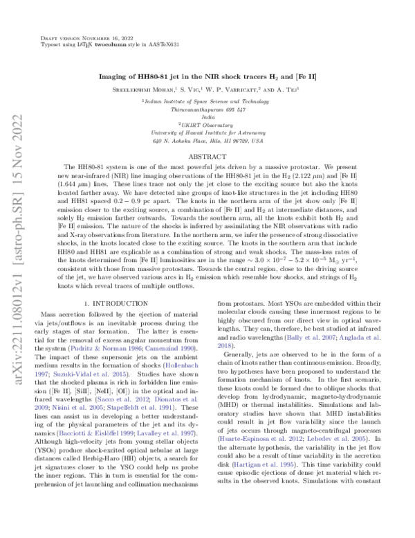 (PDF) Imaging of HH80-81 jet in the NIR shock tracers H$_2$ and [Fe II]