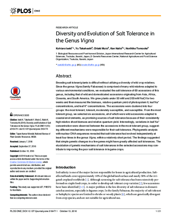 (PDF) Diversity and Evolution of Salt Tolerance in the Genus Vigna
