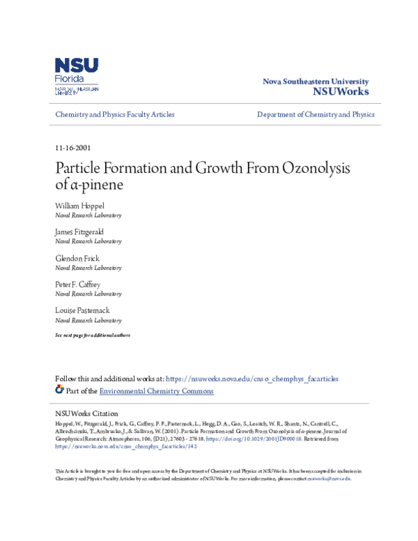 (PDF) Particle formation and growth from ozonolysis of α-pinene