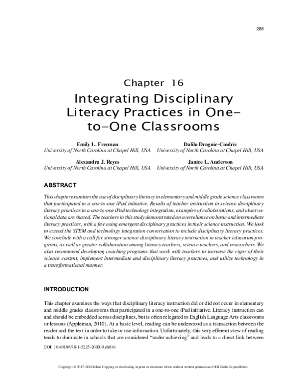 (PDF) Integrating Disciplinary Literacy Practices in One-to-One Classrooms