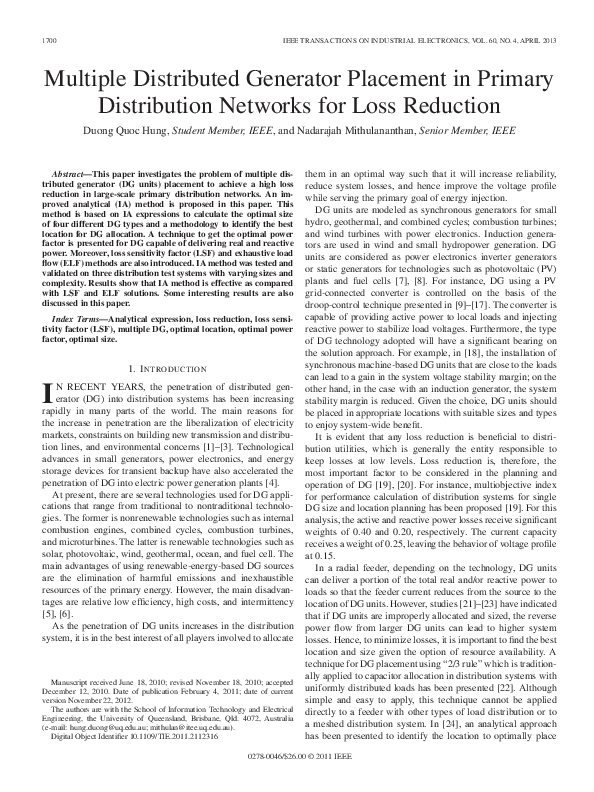 Pdf Multiple Distributed Generator Placement In Primary Distribution 3624