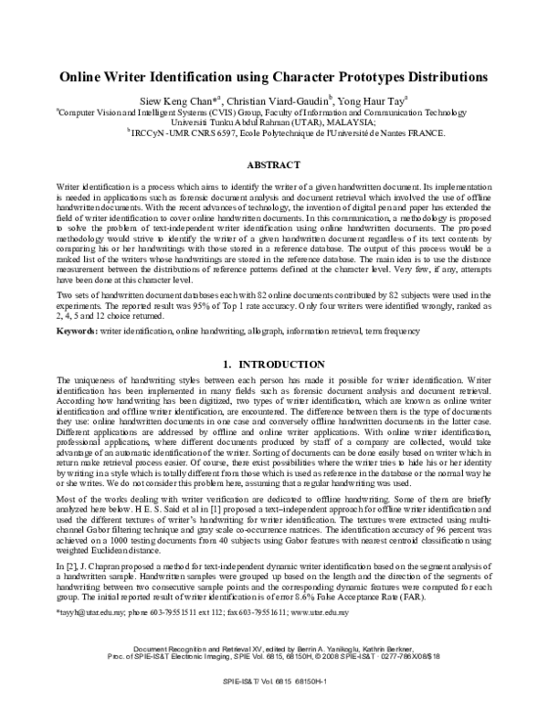 (PDF) Online writer identification using character prototypes distributions