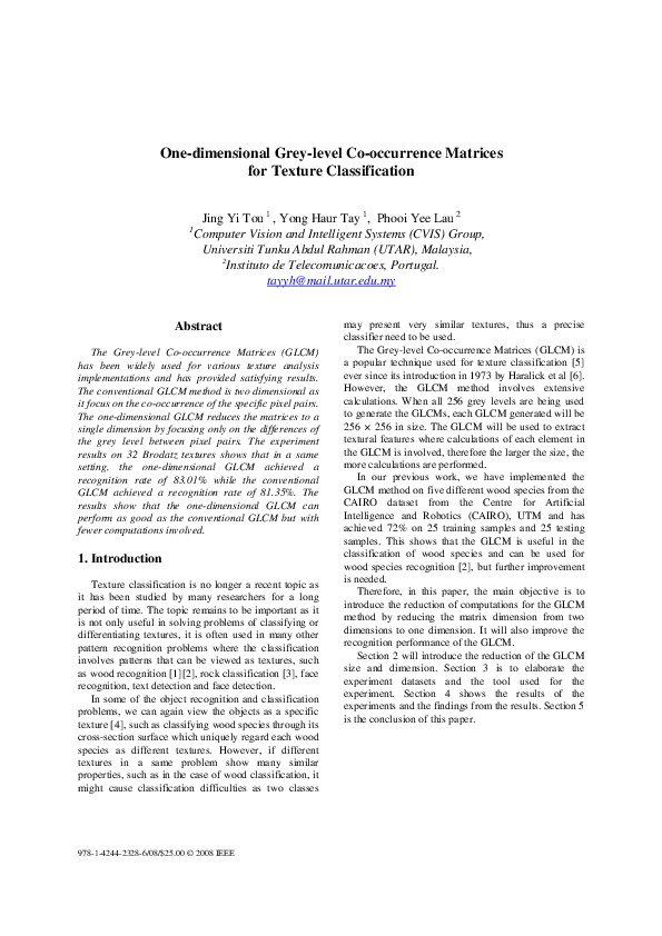 Pdf One Dimensional Grey Level Co Occurrence Matrices For Texture Classification Yong Haur