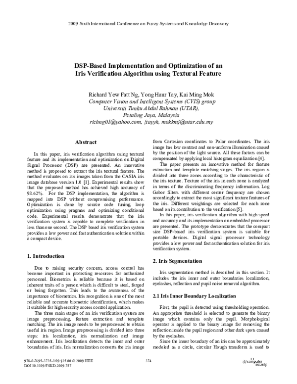 Pdf Dsp Based Implementation And Optimization Of An Iris Verification