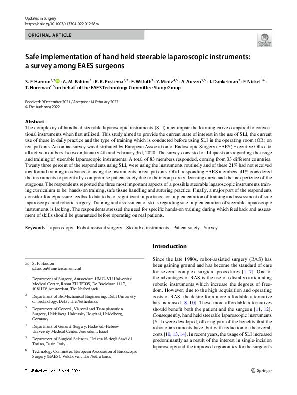 (PDF) Safe implementation of hand held steerable laparoscopic instruments: a survey among EAES ...
