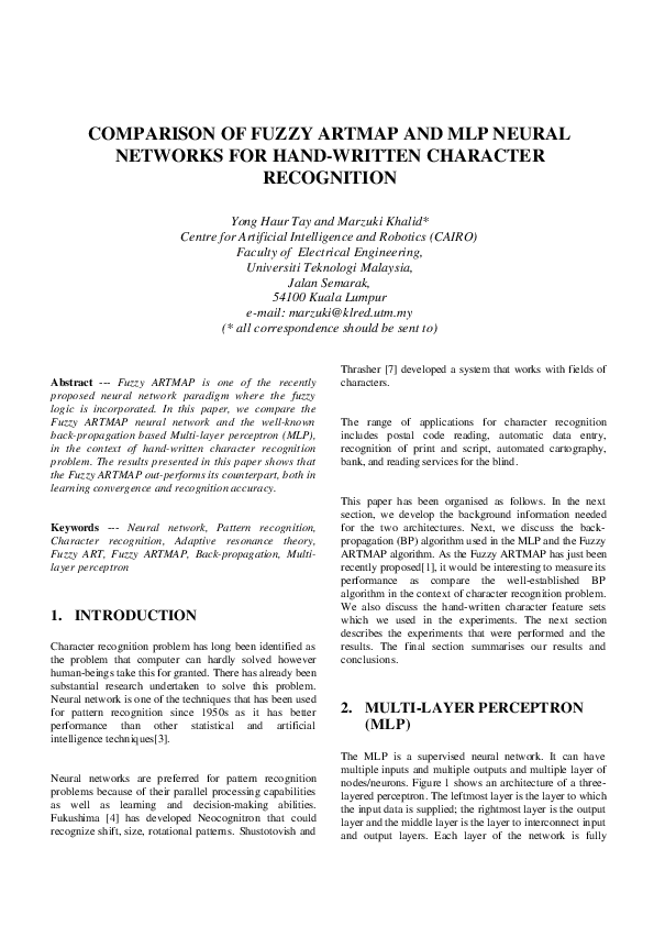 (PDF) Comparison of Fuzzy ARTMAP and MLP Neural Networks for Hand-Written Character Recognition