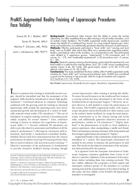 (PDF) Face validity study of the ProMIS Augmented Reality laparoscopic suturing simulator