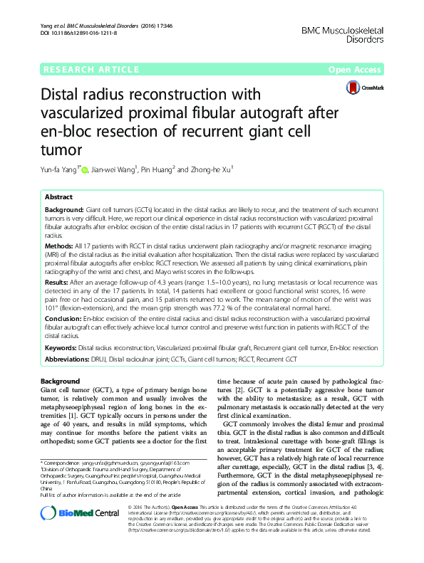 (PDF) Distal radius reconstruction with vascularized proximal fibular ...