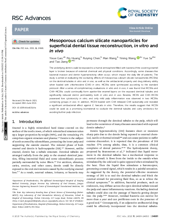 (PDF) Mesoporous calcium silicate nanoparticles for superficial dental ...