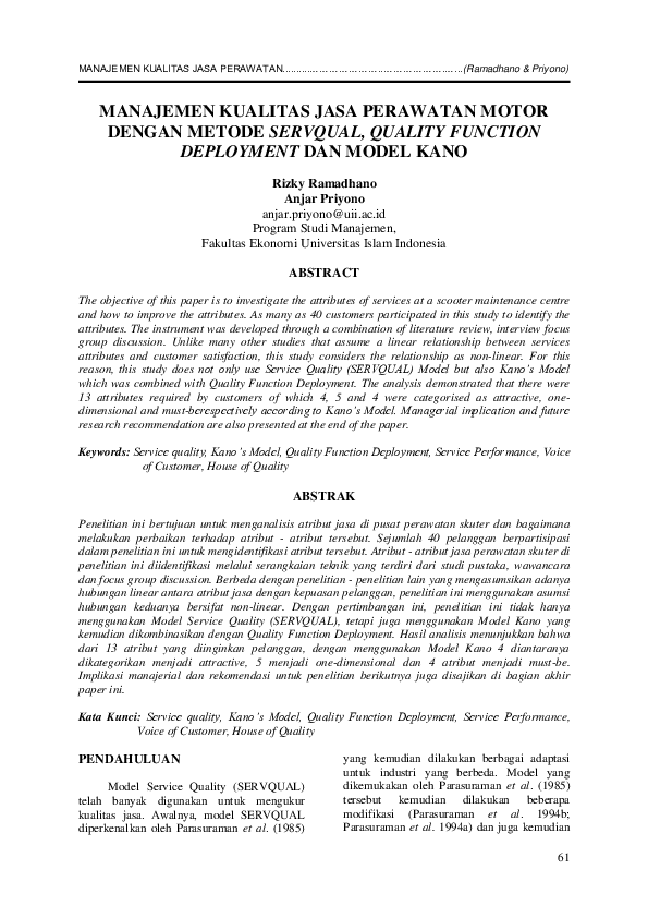 (PDF) Manajemen Kualitas Jasa Perawatan Motor Dengan Metode Servqual, Quality Function ...