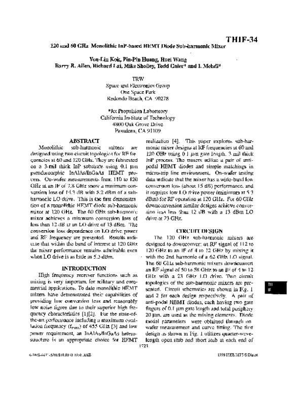 (PDF) 120 and 60 GHz monolithic InP-based HEMT diode sub-harmonic mixer