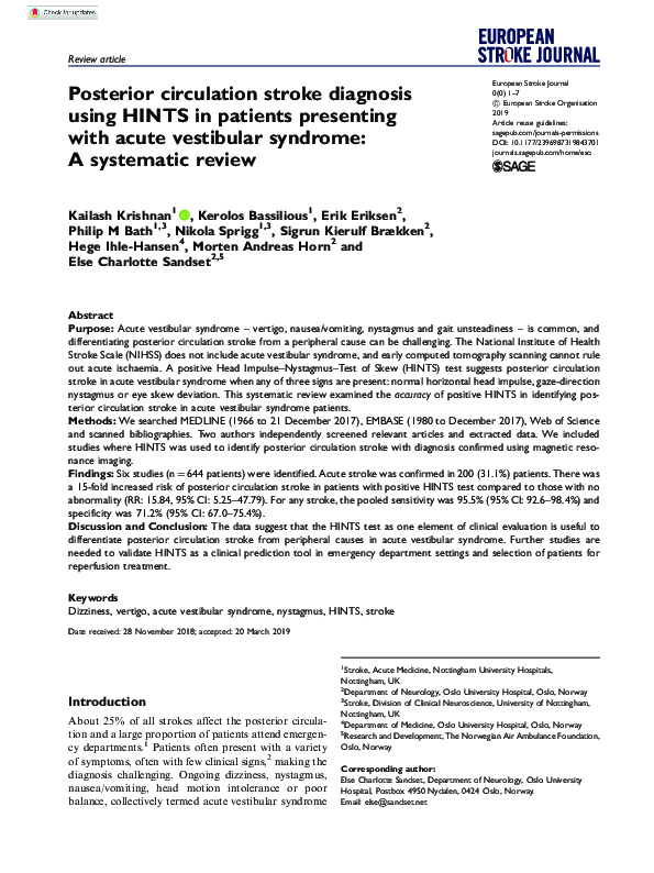 (PDF) Posterior circulation stroke diagnosis using HINTS in patients ...