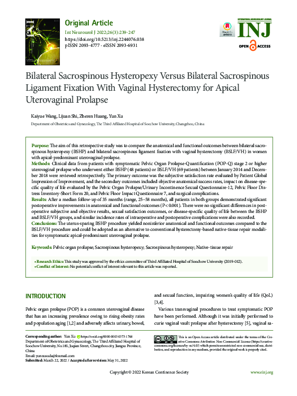 (PDF) Bilateral Sacrospinous Hysteropexy Versus Bilateral Sacrospinous ...