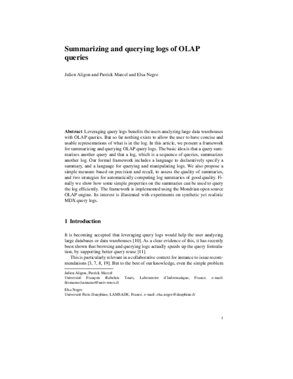 (PDF) Summarizing and Querying Logs of OLAP Queries | Patrick Marcel - Academia.edu