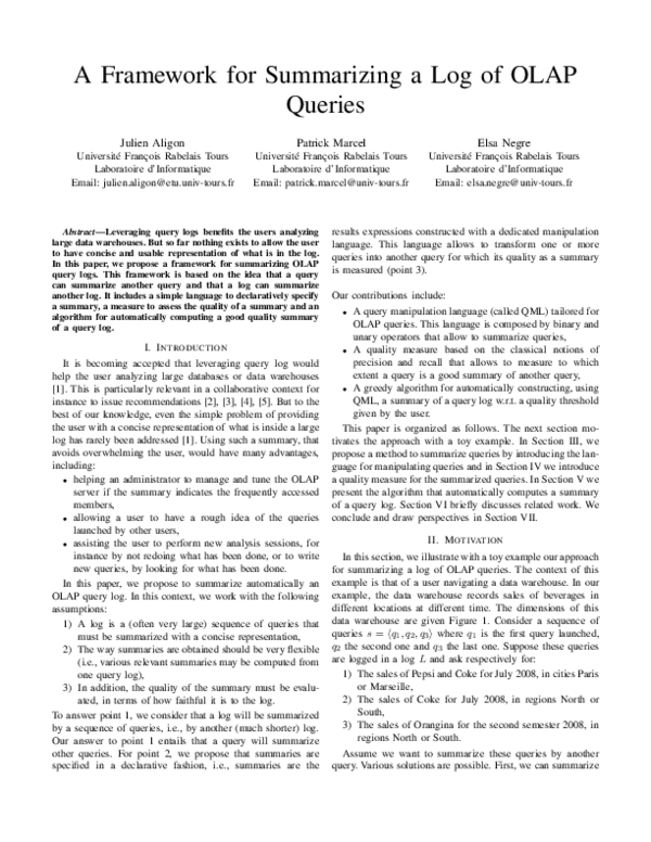 (PDF) A framework for summarizing a log of OLAP queries
